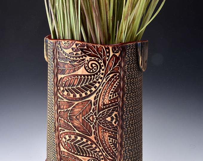 Tall Oval Vase, Stoneware With Firebrick Red Gloss Glaze and Unglazed ...