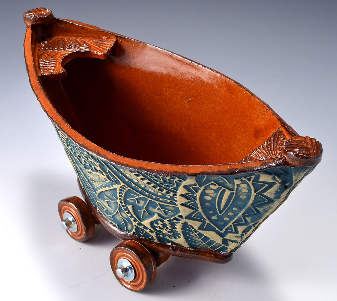 Small Stoneware Dory Boat With Wheels Paprika Red Glaze - Etsy
