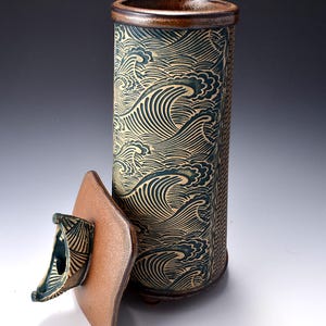 Tall Sculptural Stoneware Jar With Boat Knob on the Lid, Rubbed Back ...