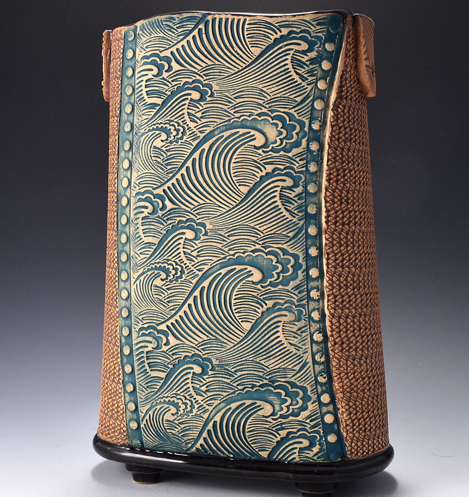 Tall Oval Vase, Stoneware With Black Patent Gloss Glaze and Unglazed ...