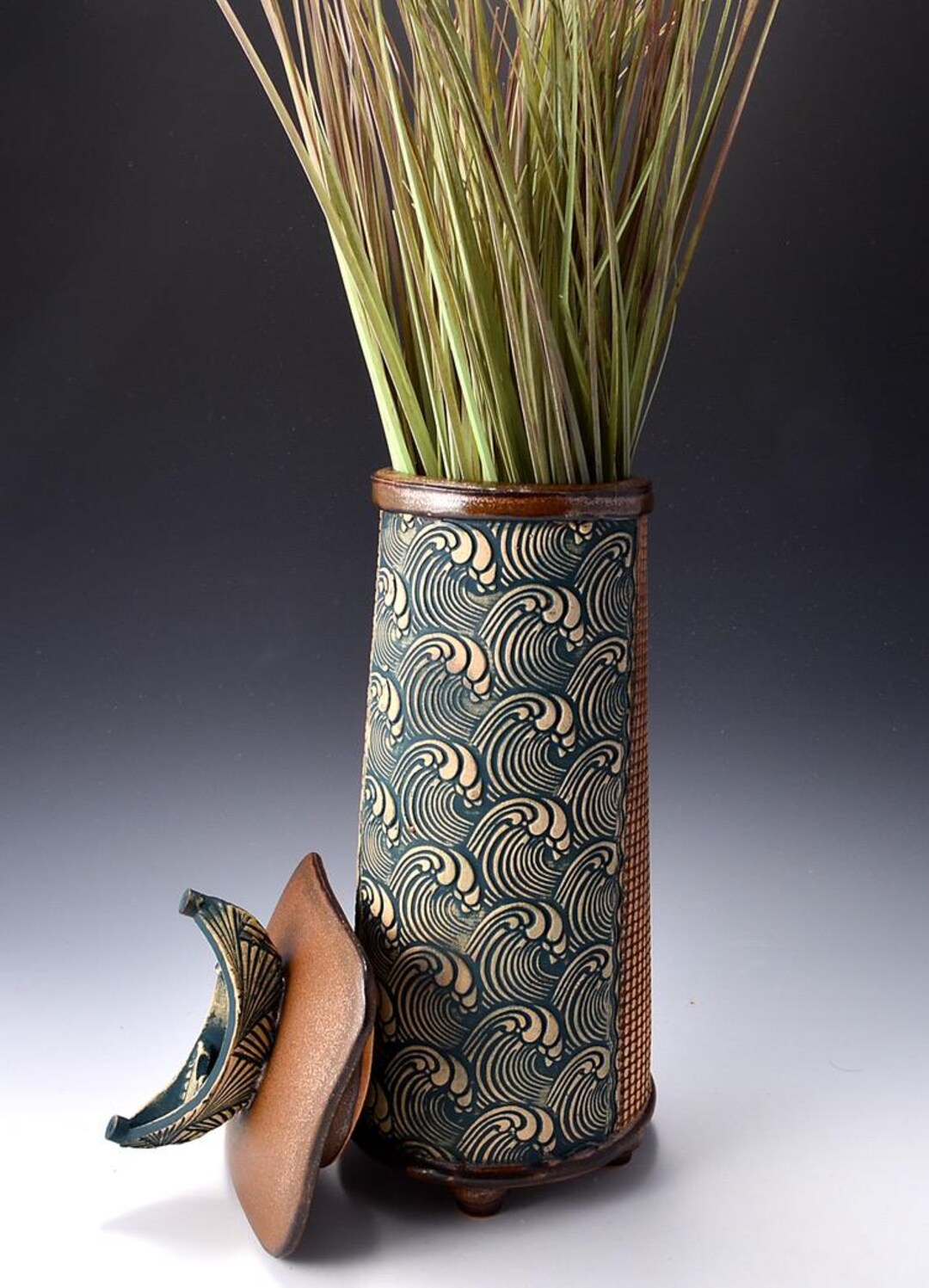 Tall Sculptural Stoneware Jar With Boat Knob on the Lid, Rubbed Back ...