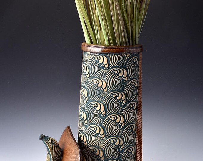 Tall Sculptural Stoneware Jar With Boat Knob on the Lid, Rubbed Back ...