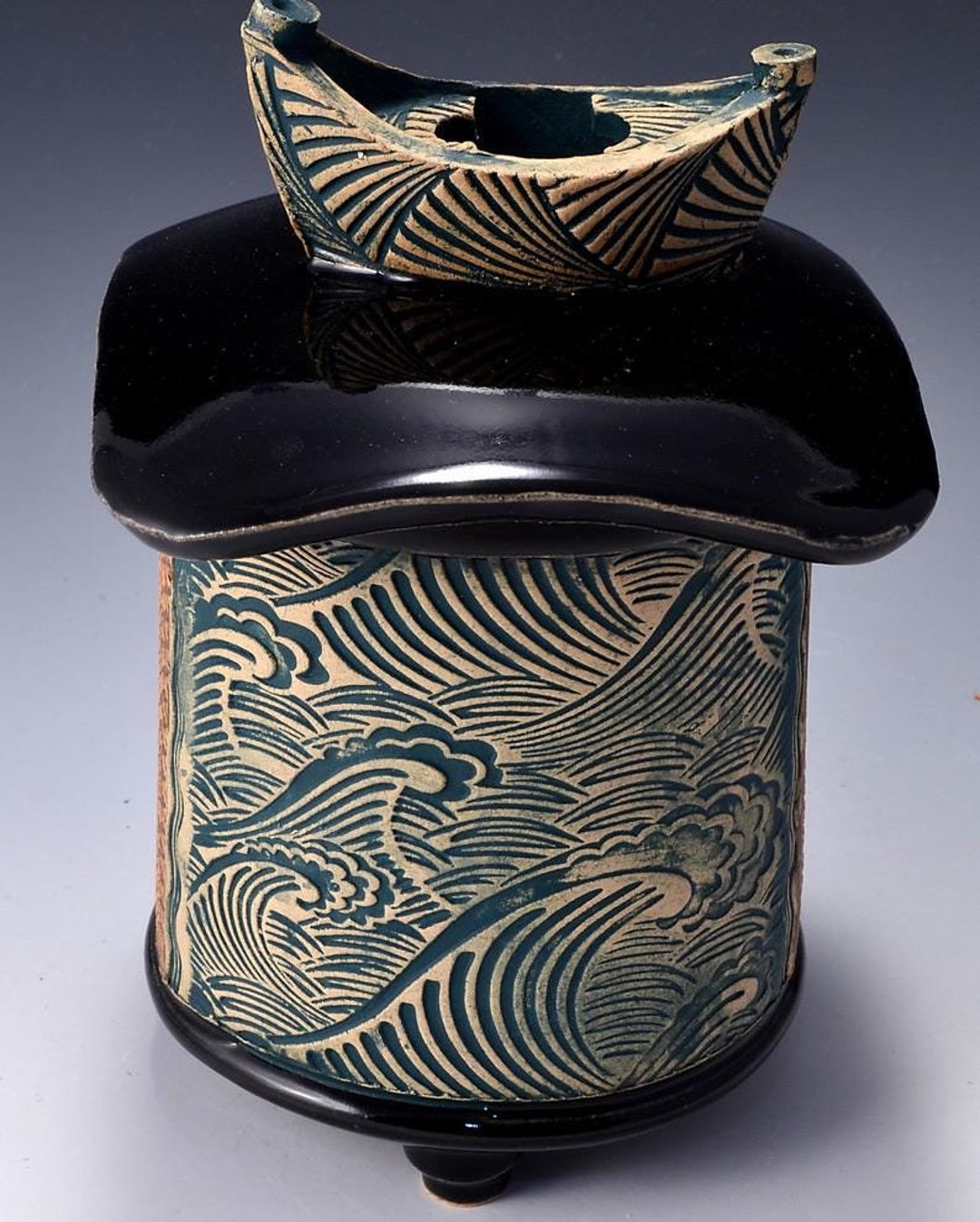 Small Sculptural Stoneware Jar With Boat Knob on the Lid, Rubbed Back ...