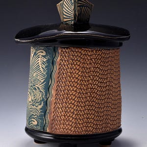 Small Sculptural Stoneware Jar With Boat Knob on the Lid, Rubbed Back ...