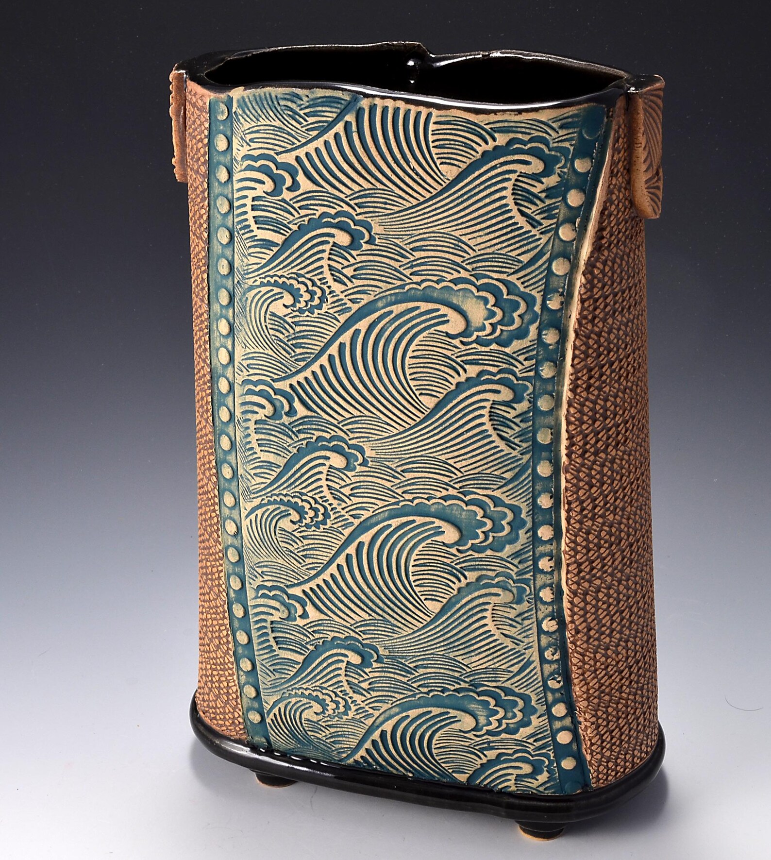 Tall Oval Vase, Stoneware With Black Patent Gloss Glaze and Unglazed ...