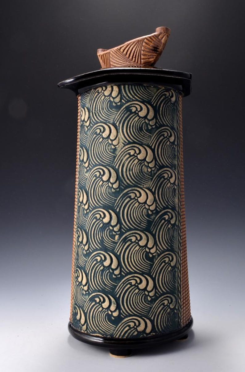 Tall Sculptural Stoneware Jar: Boat Knob Lid, Black Patent Glaze - Etsy