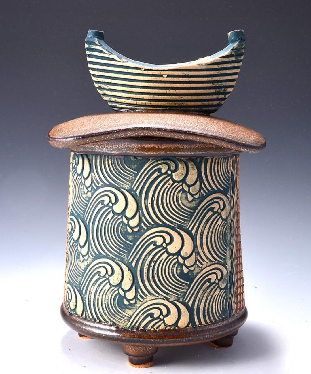 Small Sculptural Stoneware Jar With Boat Knob on the Lid, Rubbed Back ...