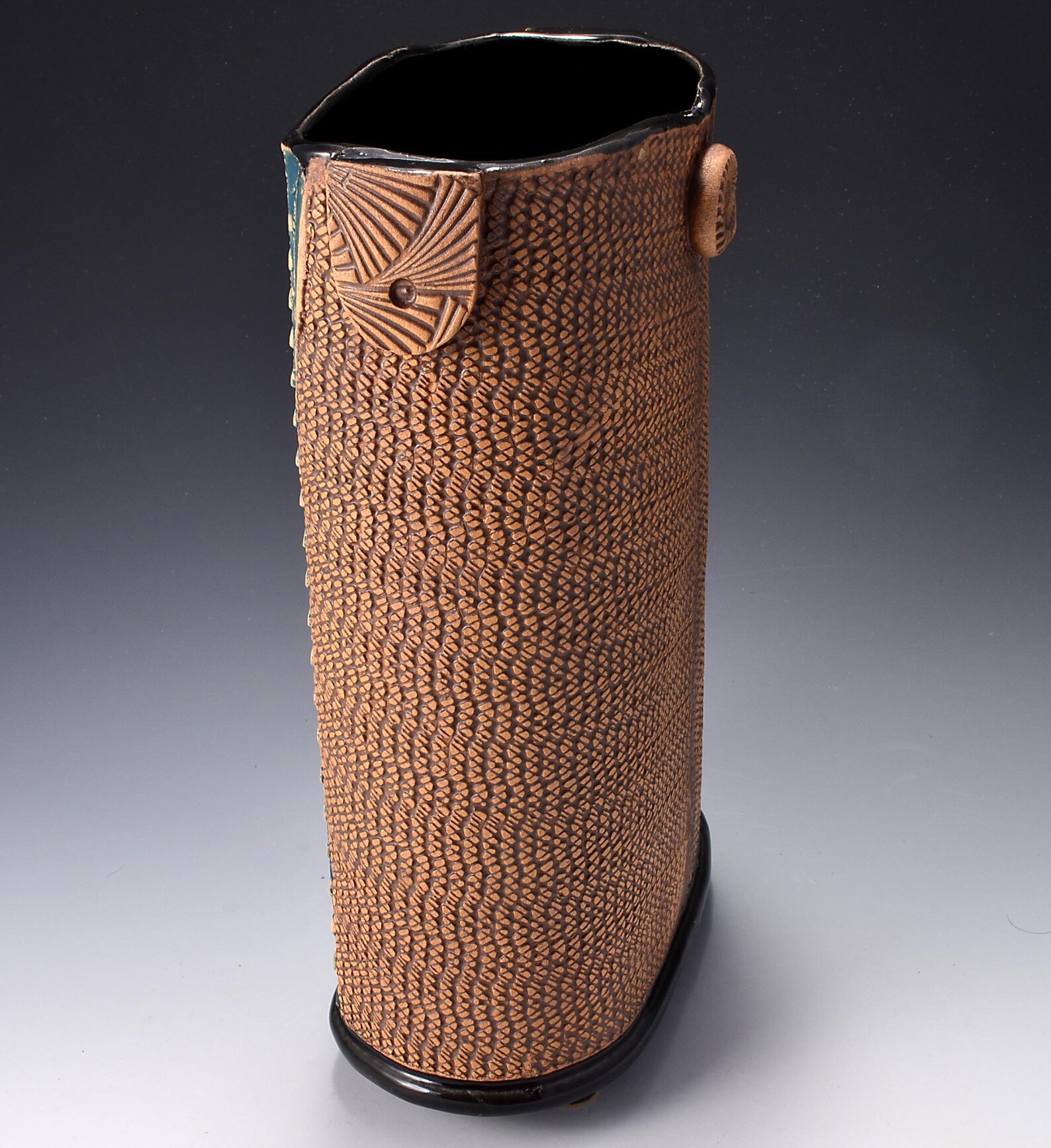 Tall Oval Vase, Stoneware With Black Patent Gloss Glaze and Unglazed ...