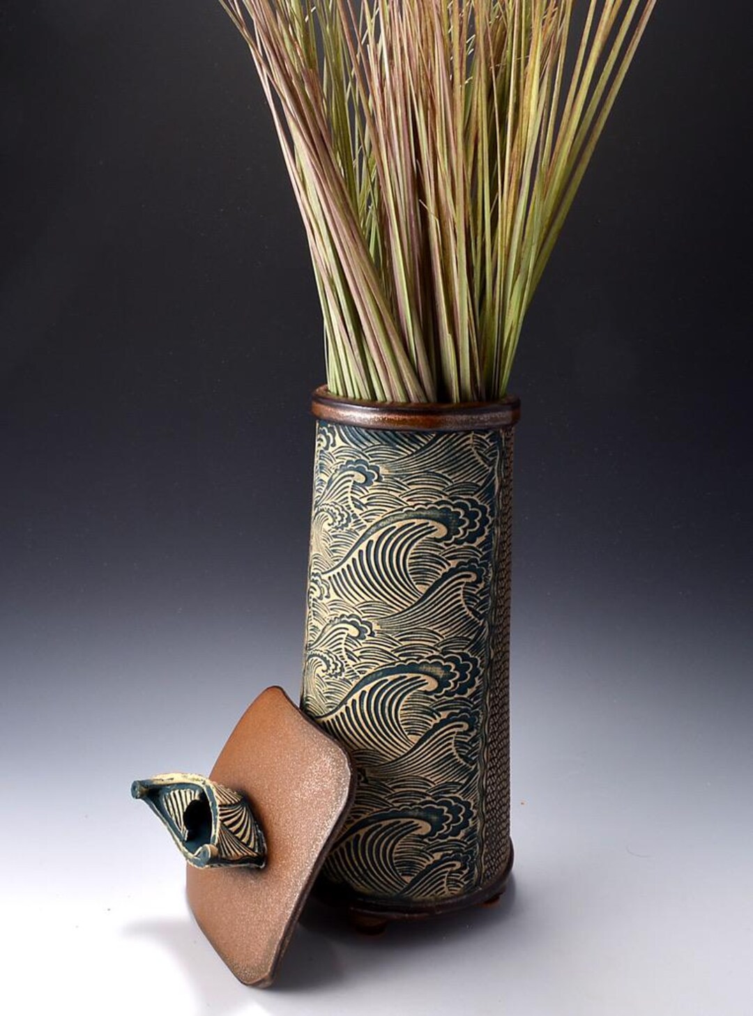 Tall Sculptural Stoneware Jar With Boat Knob on the Lid, Rubbed Back ...