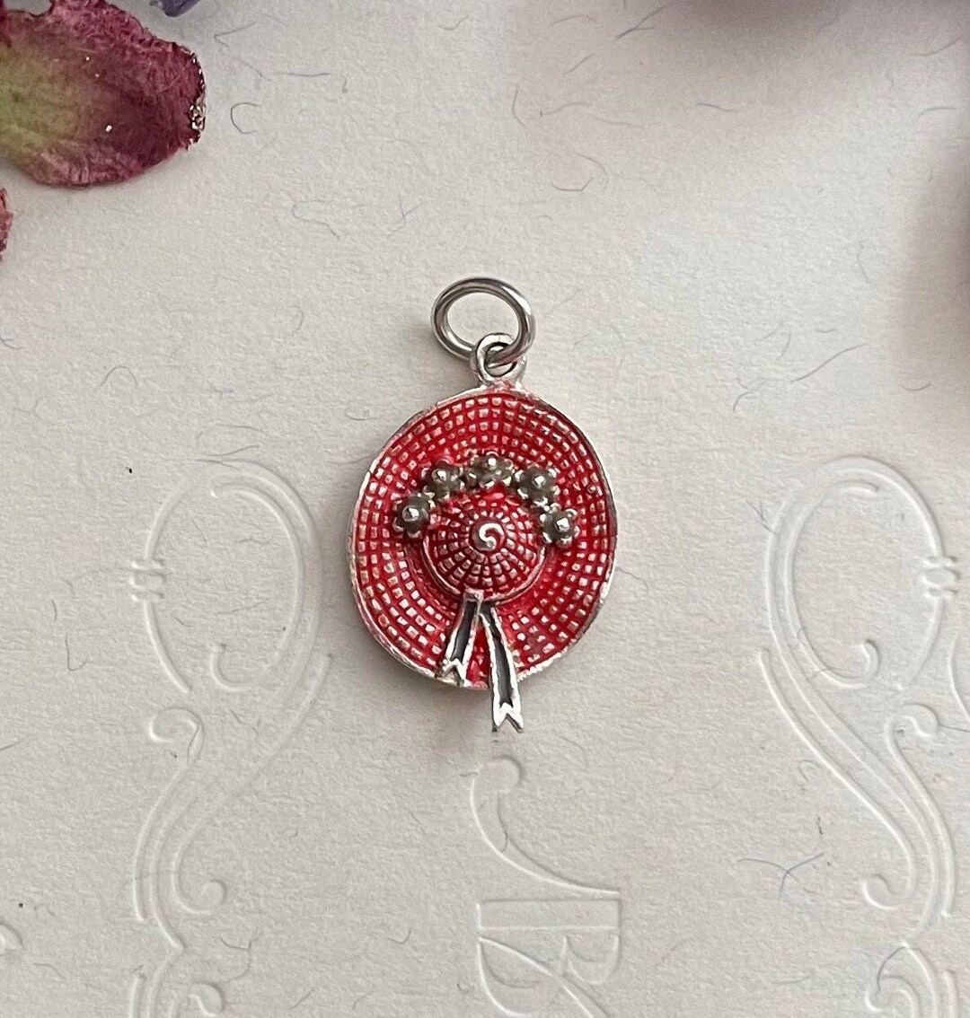 Red Hat Society Charm Enamel Vintage Sterling Silver Red Straw Hat ...
