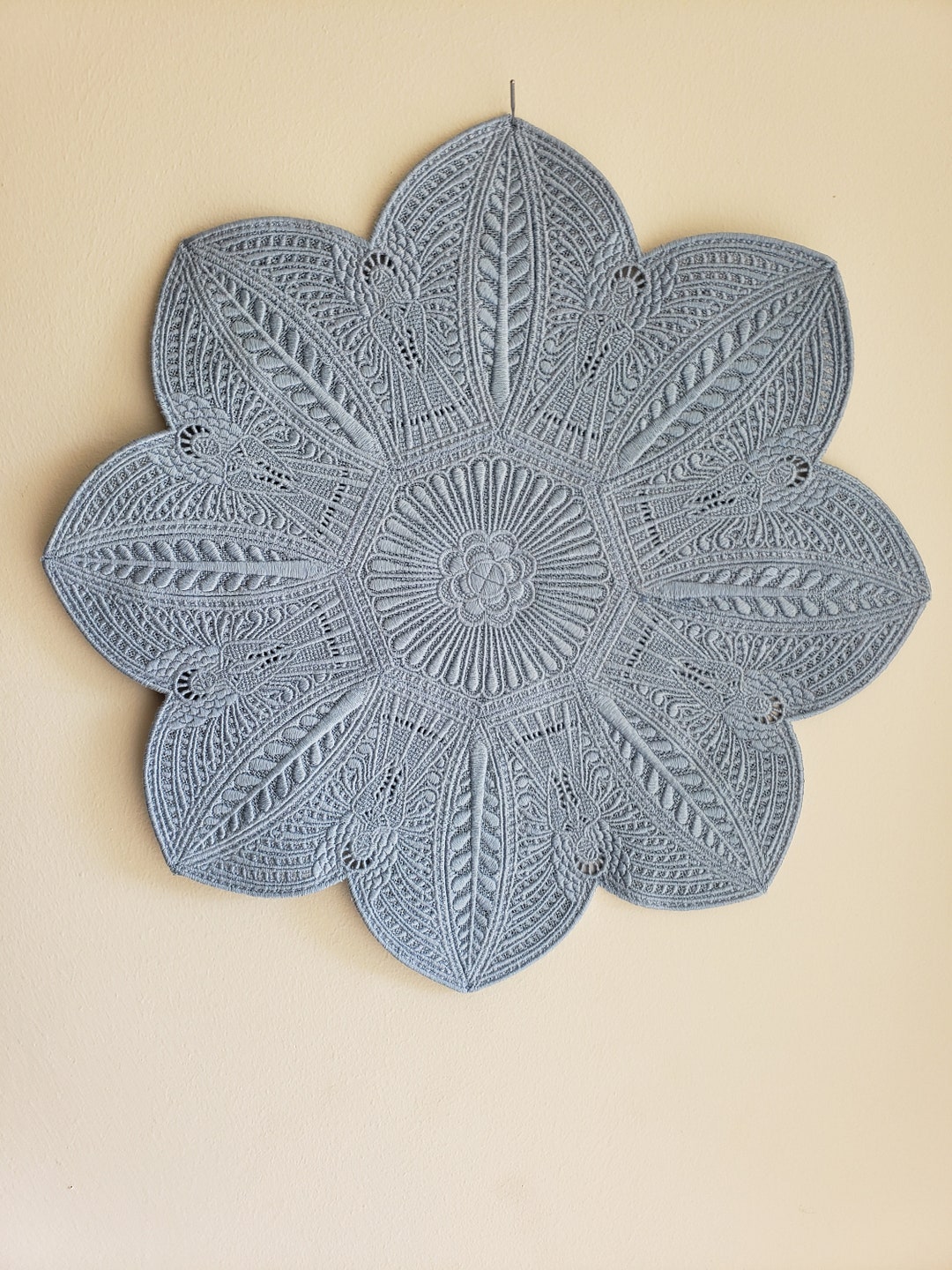 Doily, ANGEL Design, Embroidered in Pastel Blue Color, 14.50" Diameter ...