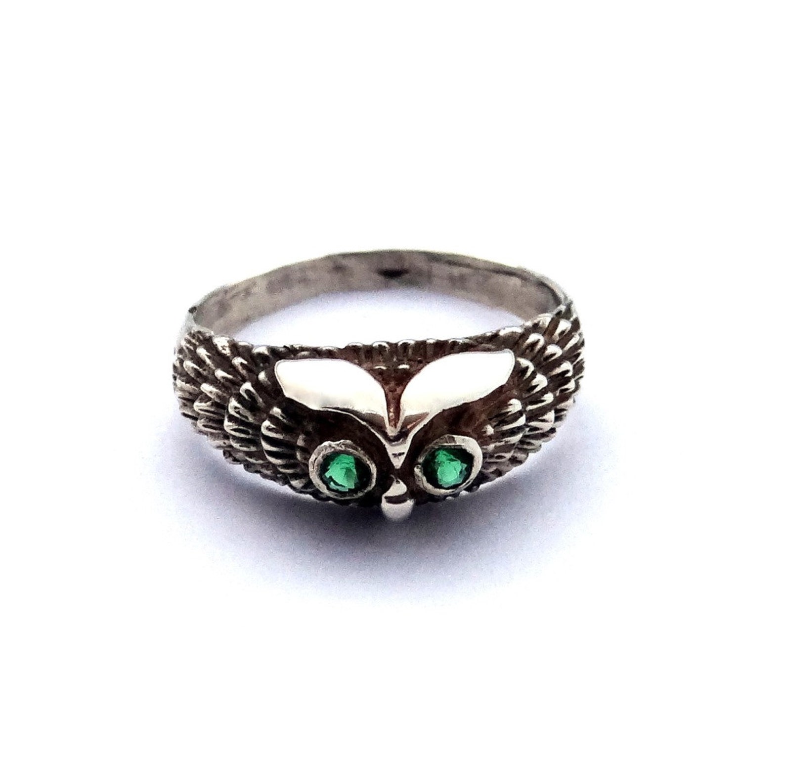 Sterling Silver Owl Ring With Green Cubic Zirconia Cubic - Etsy
