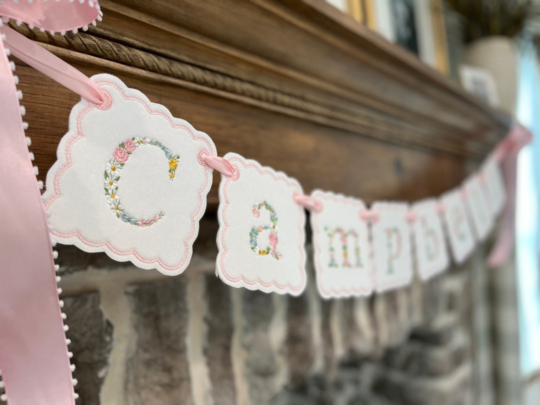 Floral Embroidered Name Banner, Birthday Shower Decor - Etsy