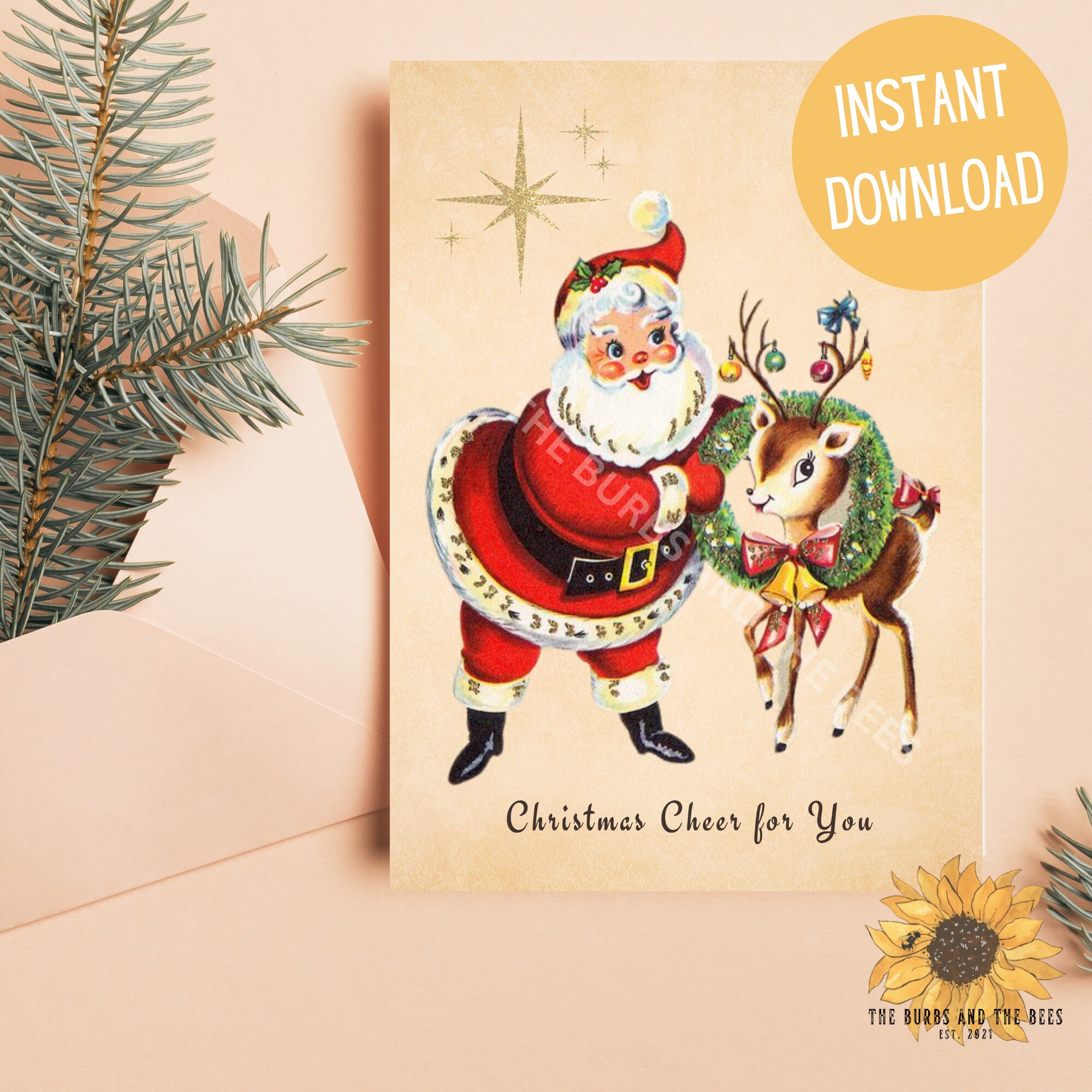 Vintage Printable Santa and Reindeer Card, Retro Christmas, Vintage ...
