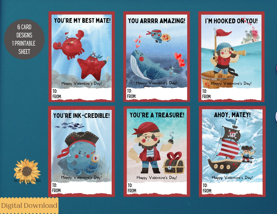 Pirate Valentines Day Cards, Printable Pirate Cards, Kids Valentine ...