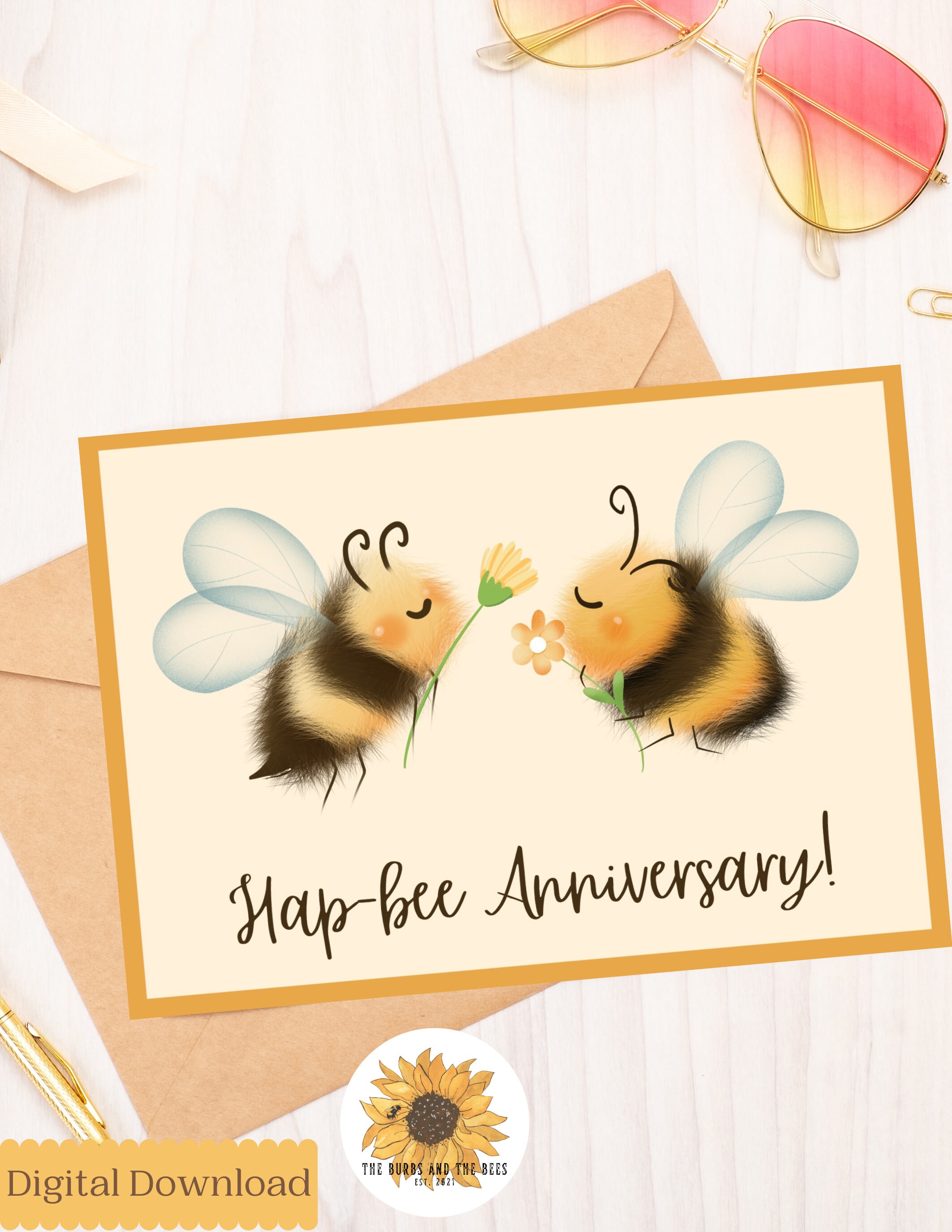 Bee Anniversary Card, Cute Bee Card, Bumblebee Card, Anniversary Bee ...