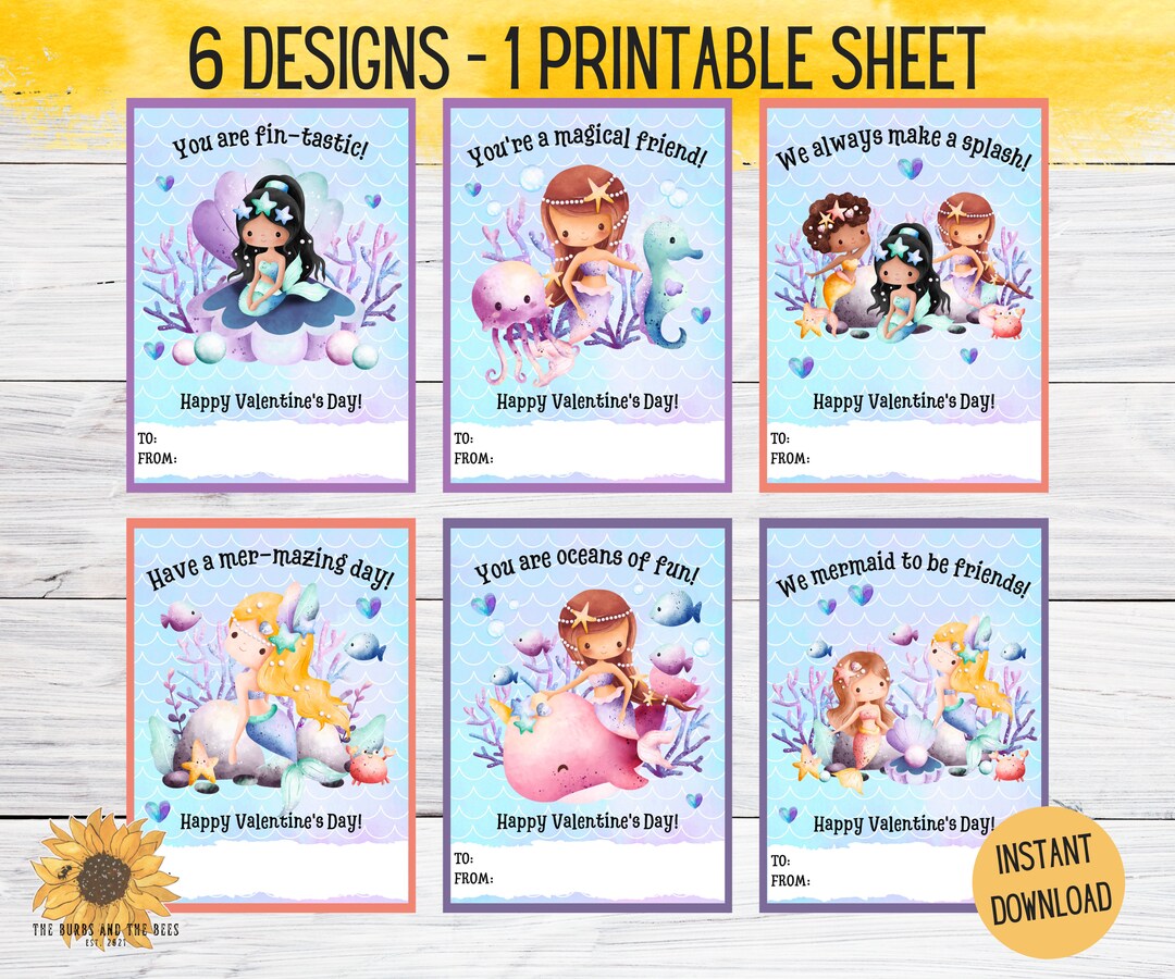 Mermaid Valentines Day Cards, Printable Mermaid Cards, Mermaid ...