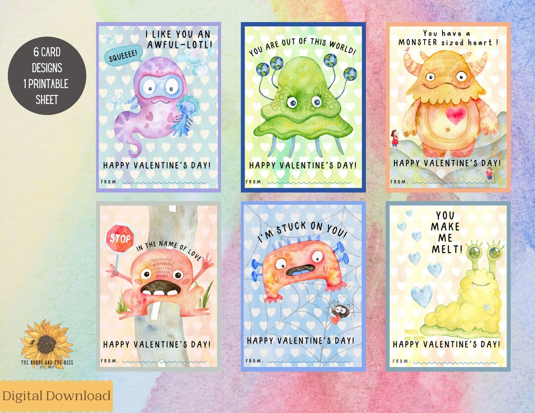 PRINTABLE Monster Valentine's Day Card for Kids, Classmate Valentine ...