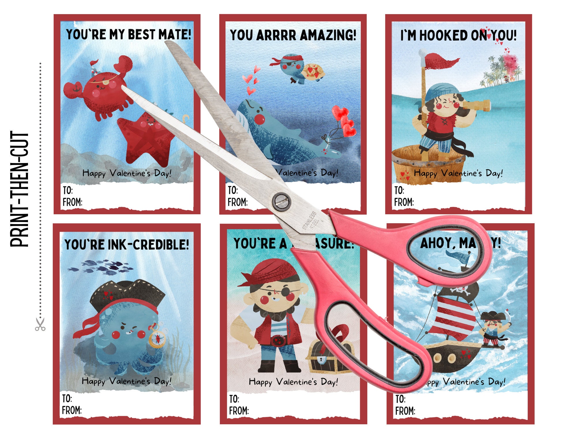 Pirate Valentines Day Cards, Printable Pirate Cards, Kids Valentine ...