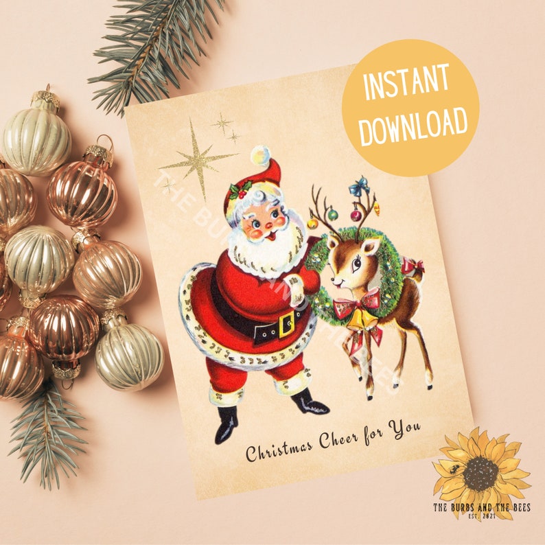 Vintage Printable Santa and Reindeer Card, Retro Christmas, Vintage ...