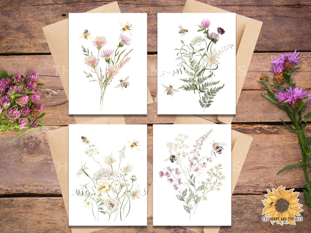 Bee & Wildflowers Note Card Set, Blank Bumblebee Notecards, Honey Bee ...