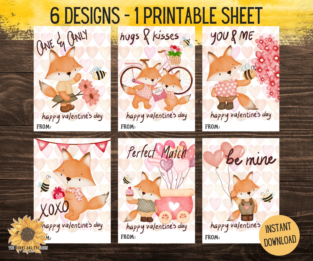 Fox Valentines Day Cards, Printable Fox & Bee Cards, Woodland Fox ...