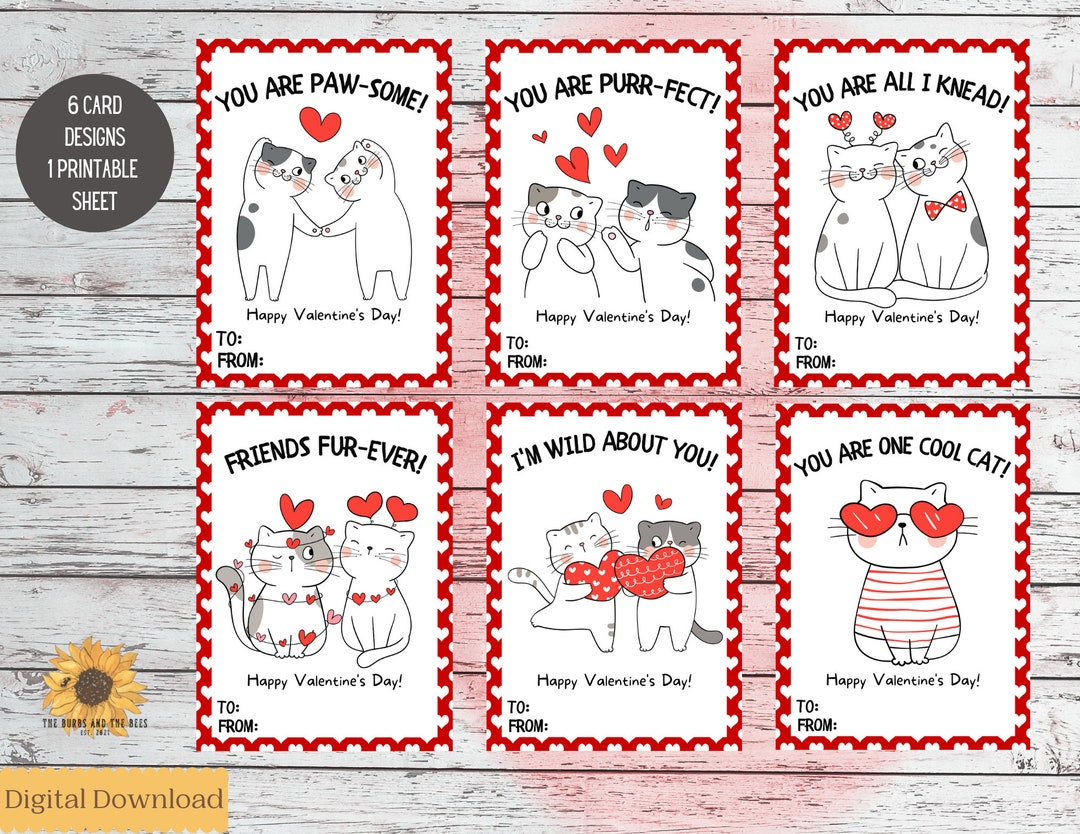 Printable Cat Valentines Day Cards, Party Favor Tags, Kitten Classroom ...