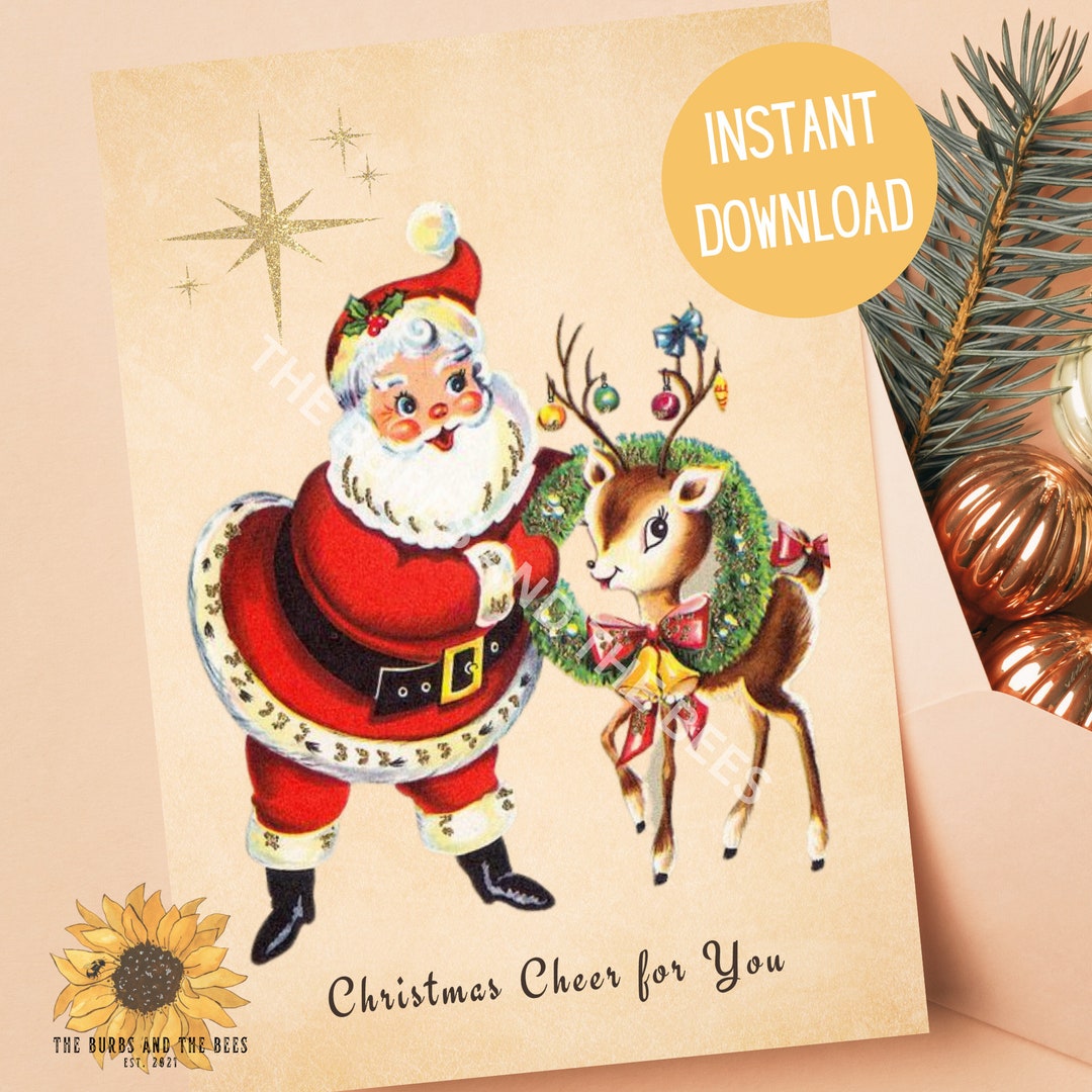 Vintage Printable Santa and Reindeer Card, Retro Christmas, Vintage ...