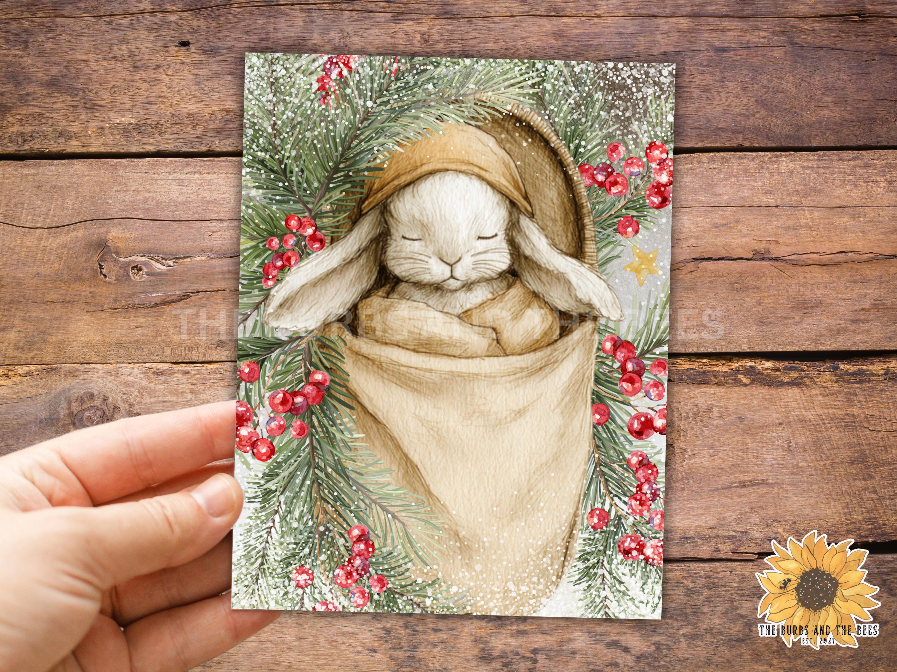 Watercolor Rabbit Christmas Card Set: Winter Woodland Animal Note Cards ...