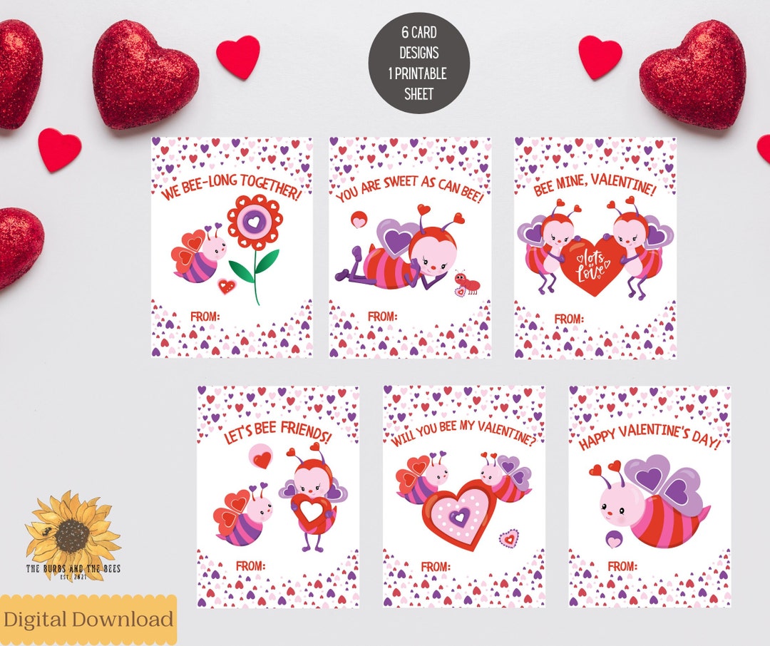 Bee Valentines Day Cards, Printable Bee Cards, Kids Valentine Cards ...