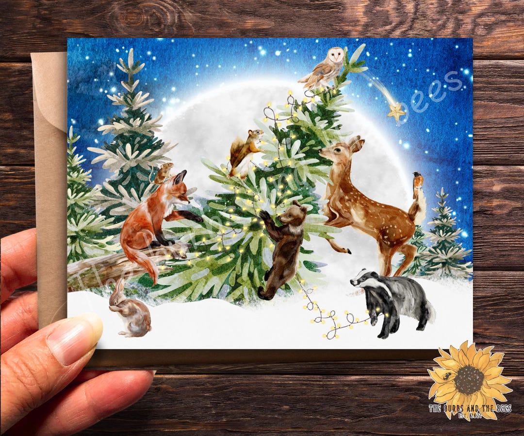 Winter Woodland Holiday Cards Set, Watercolor Christmas Animal Note ...