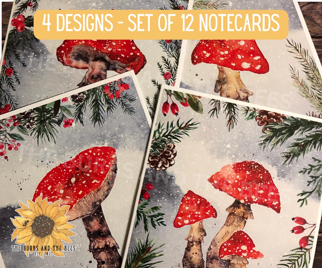 Mushroom Holiday Cards, Winter Woodland, Holiday Notecards, Red ...