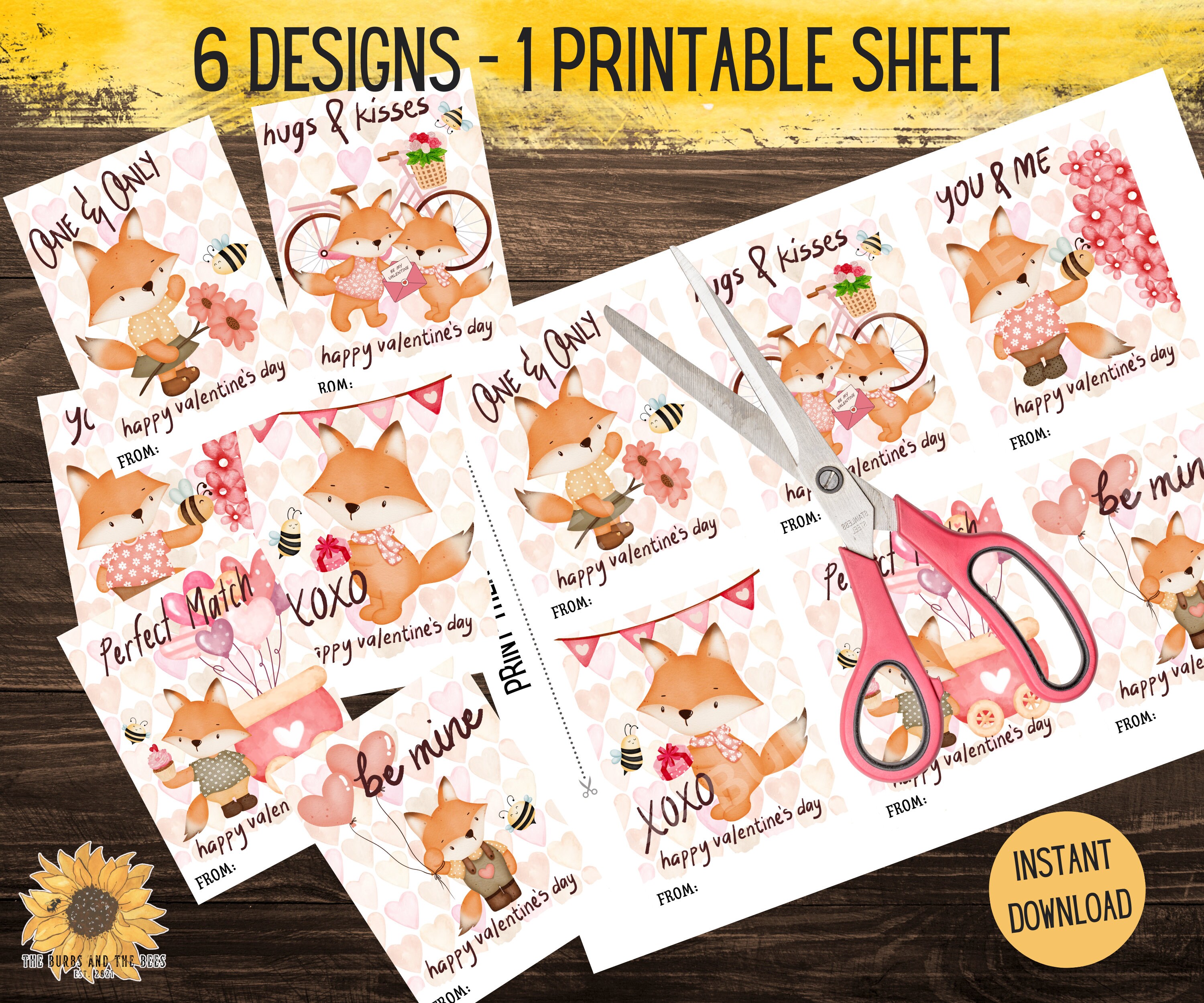 Fox Valentines Day Cards, Printable Fox & Bee Cards, Woodland Fox ...