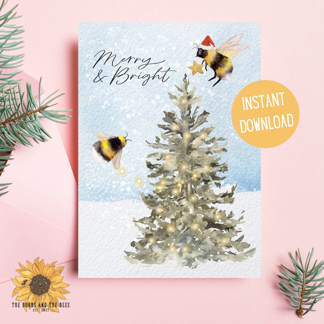 Bumblebee Christmas Card, Bee Holiday Printable, Merry and Bright, Bee ...