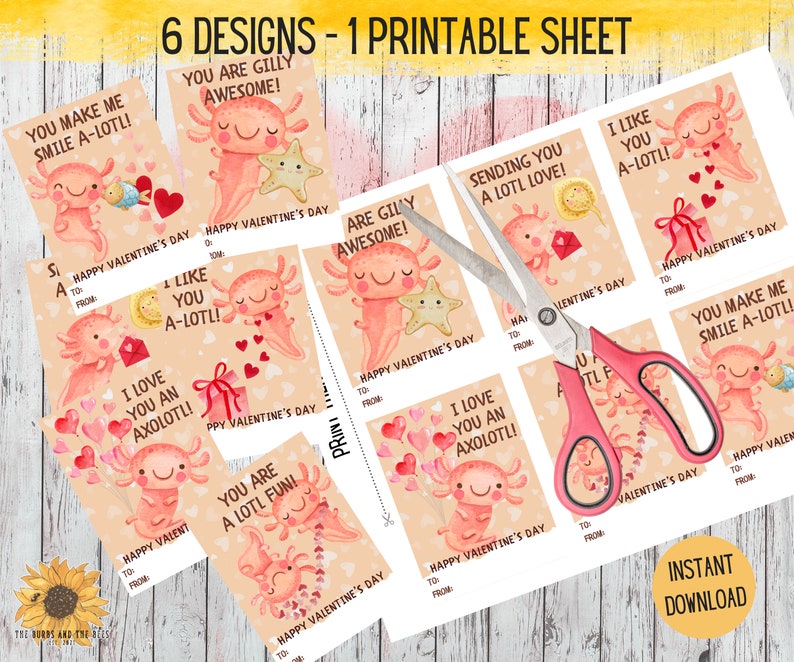 Axolotl Valentine Cards for Kids, Printable Classroom Cards, Cute ...