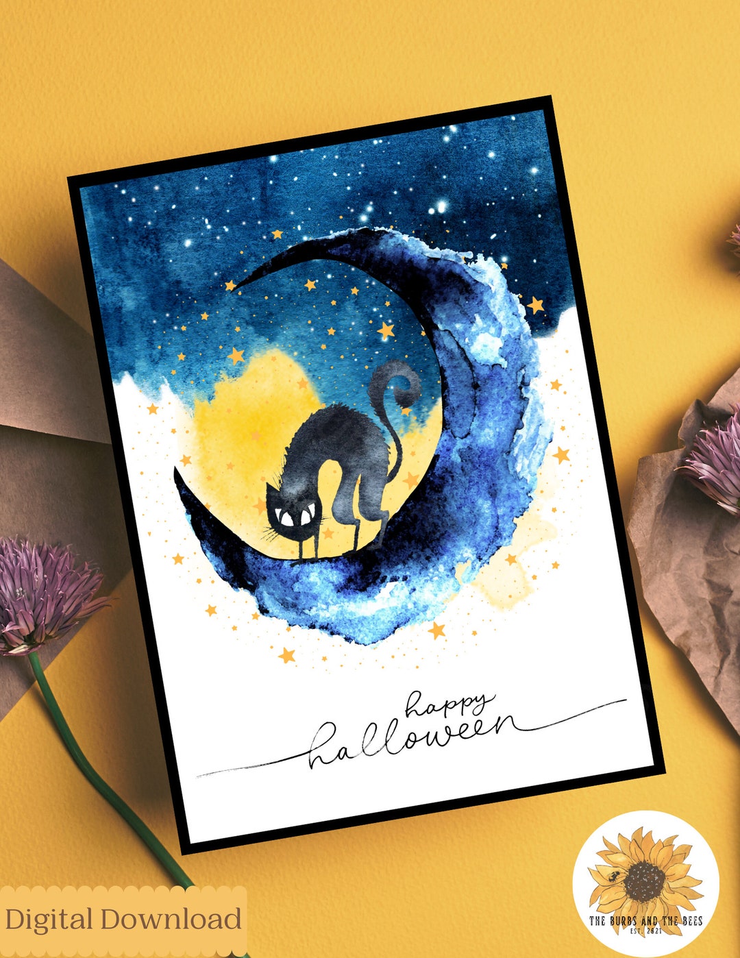 Black Cat Halloween Card, Printable Halloween Cards, Cute Cat, Card for ...