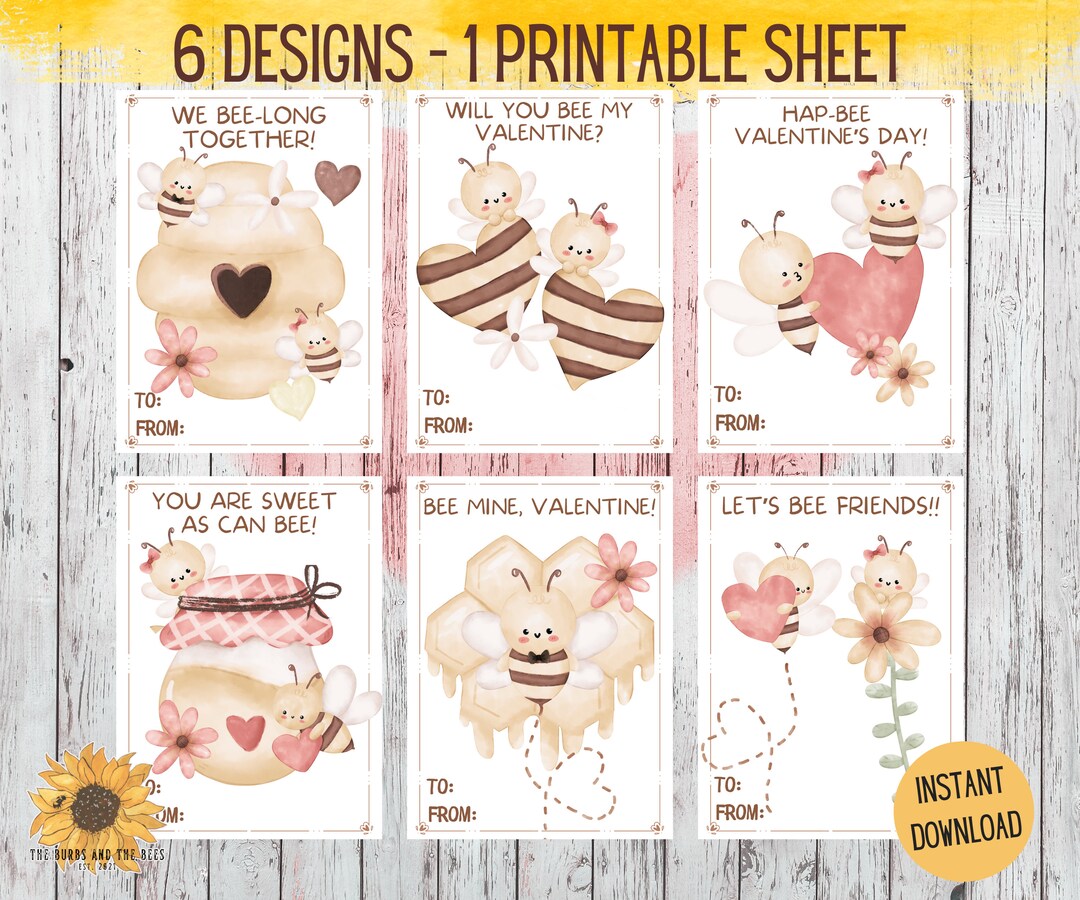 Bee Valentines Day Cards, Printable Cards, Cute Bees, Kids Valentine ...