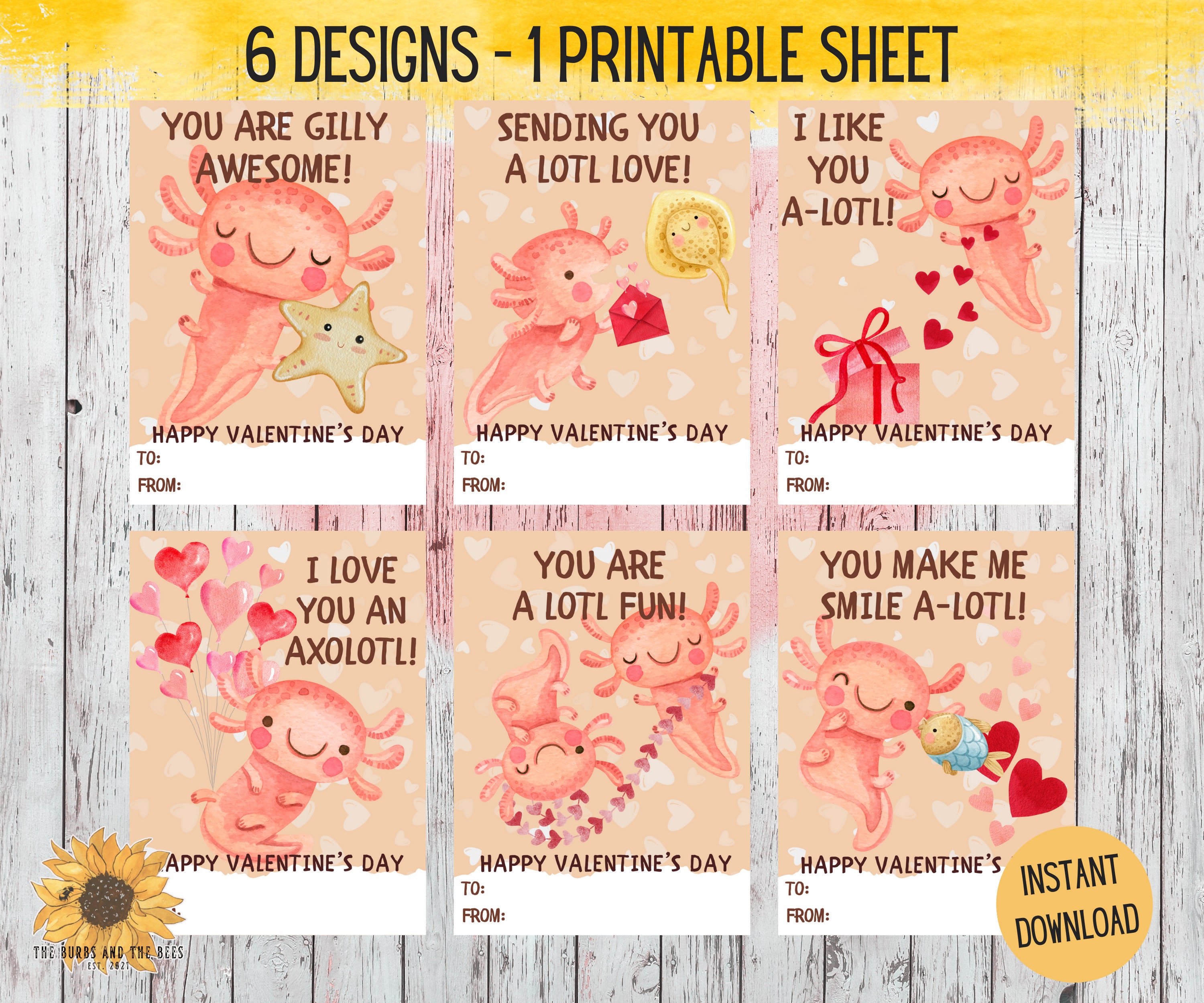 Axolotl Valentine Cards for Kids, Printable Classroom Cards, Cute ...