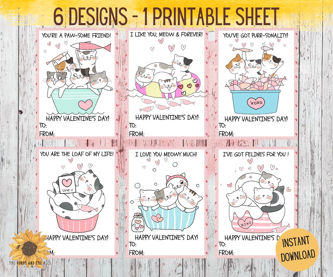 Printable Cat Cards, Cat Valentines Day Cards, Kitten Valentines, Kids ...