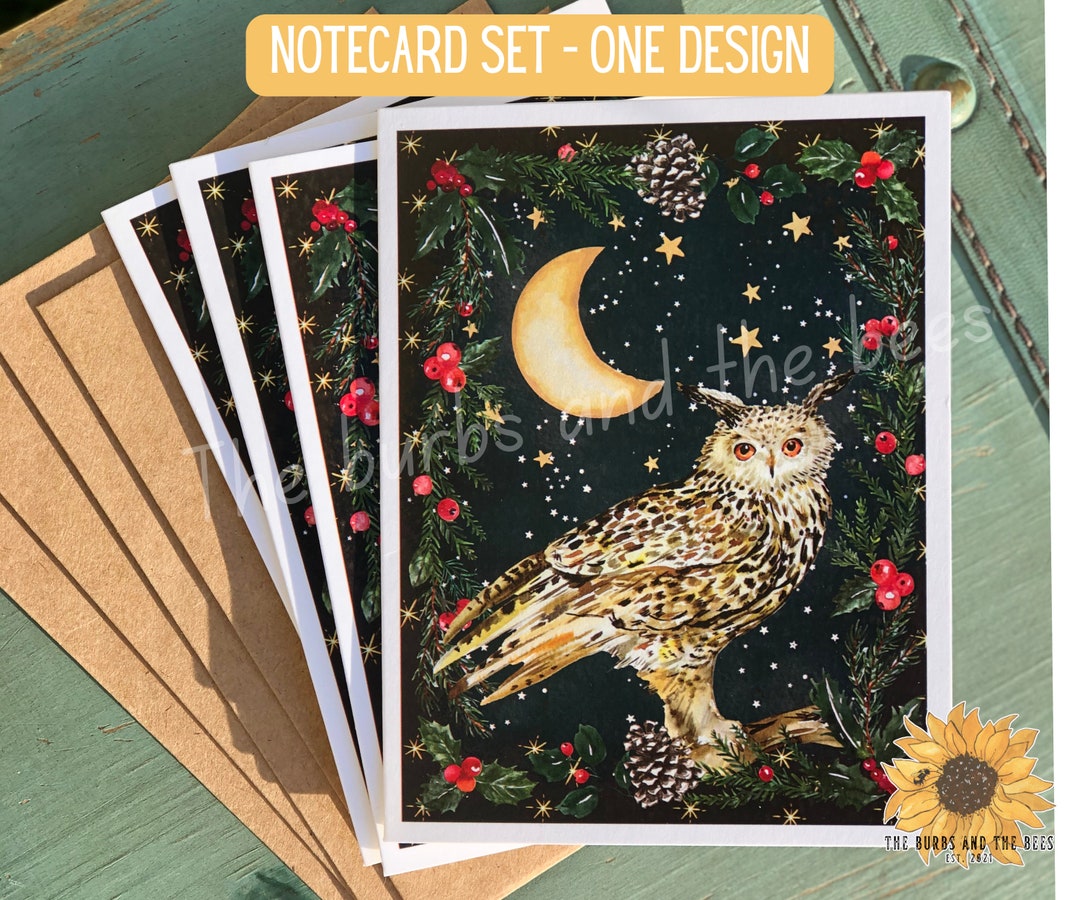 Owl Holiday Note Card, Dark Academia Art, Botanical Christmas ...