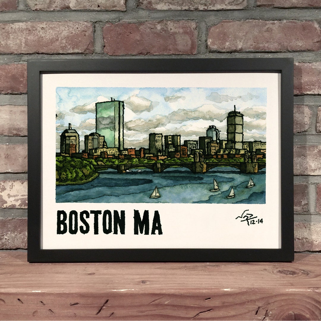 BOSTON SKYLINE // Ink & Watercolor - Art Print - Etsy