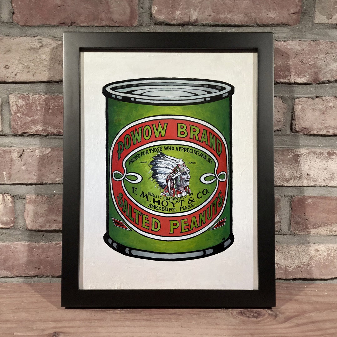 POWOW BRAND Salted Peanuts Can // Oil Painting [F.M. Hoyt, Amesbury ...