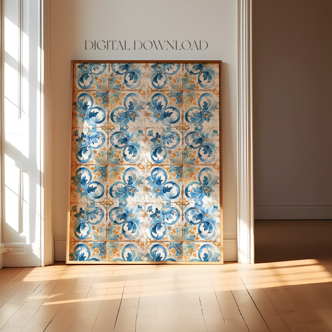 Mediterranean Tile Print: Blue & Yellow Spanish Wall Art (digital ...