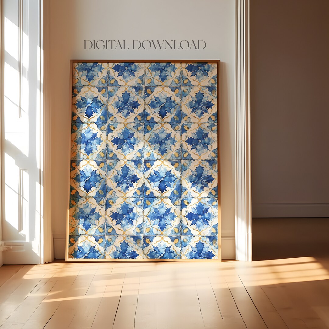 Mediterranean Tile Print: Blue & Yellow Spanish Wall Art (digital ...