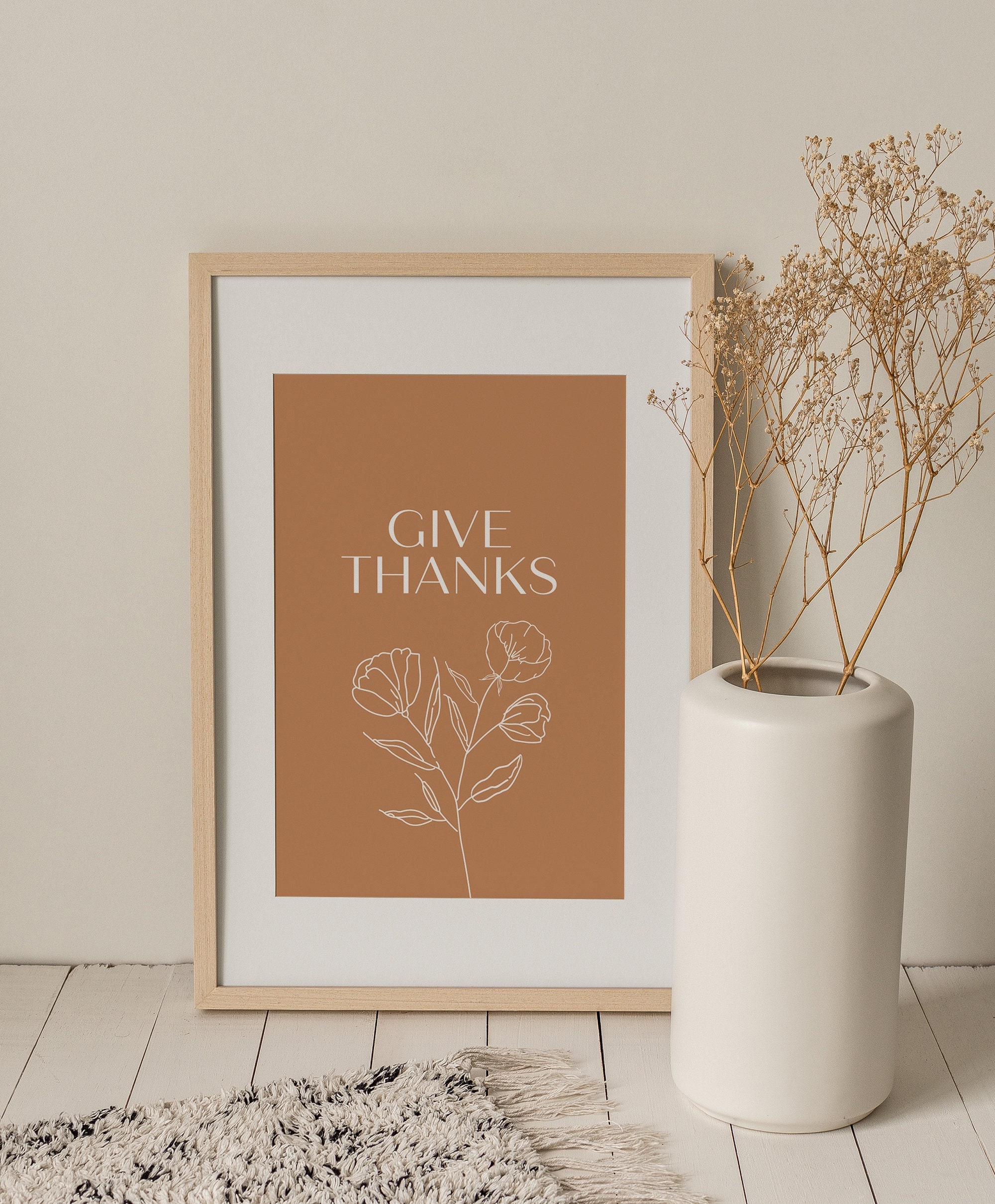 Give Thanks Floral Line Art Print: Thanksgiving Wall Decor (digital ...