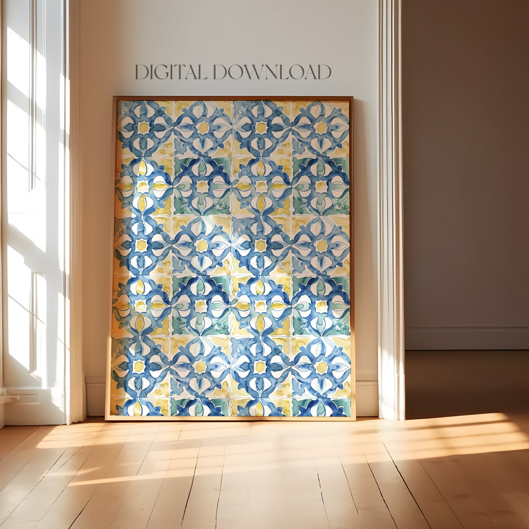 Blue and Yellow Spanish Tiles Print: Mediterranean Wall Art (digital ...