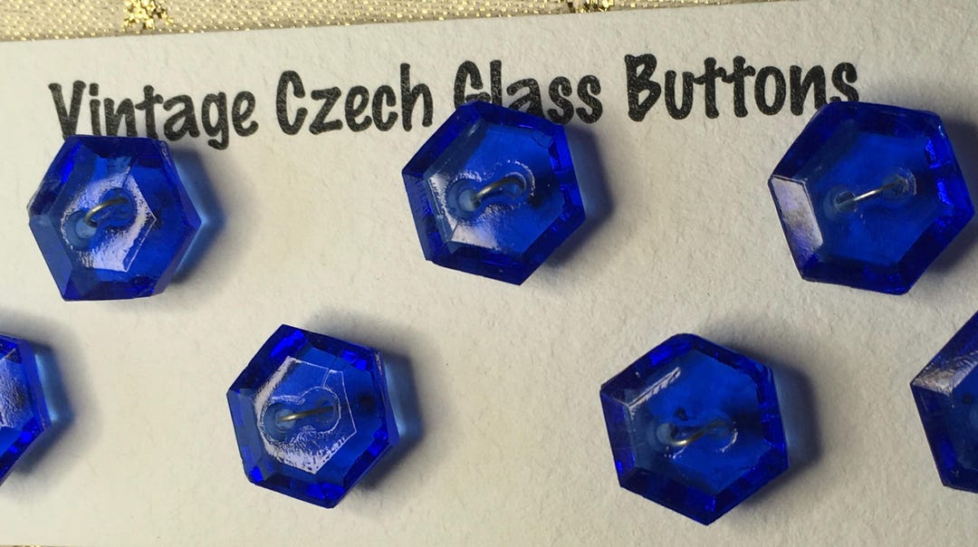 7 Hexagon Blue Cobalt Tinted Clear Vintage Czech Glass Buttons Circa ...