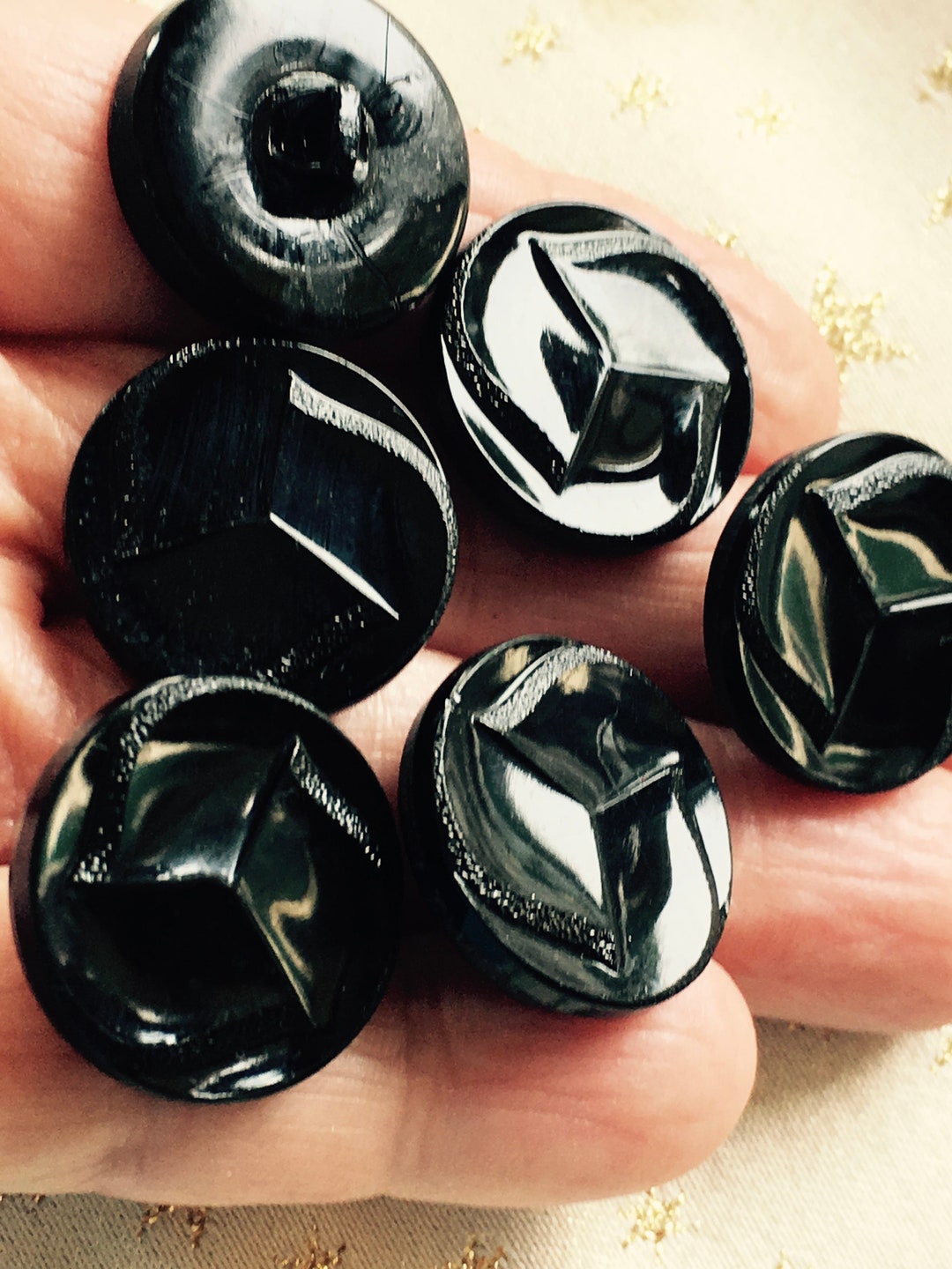 12 Tri Design Vintage Glossy Black Czech Buttons Pre 1940 7/8"knitting ...
