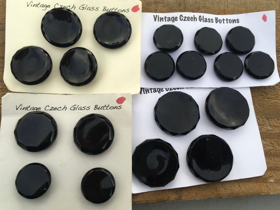 19 Simple Faceted Edges Ass't Glossy Black Vintage Czech Glass Buttons ...