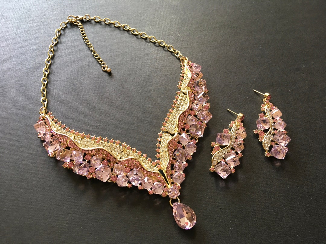 Pink Jewelry Set Crystal Necklace Birthstone Necklace - Etsy